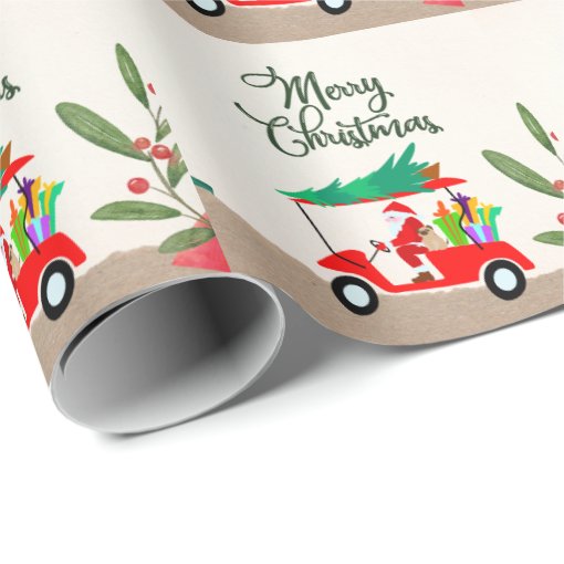 Golfer Santa Claus riding golf cart for Christmas Wrapping Paper | Zazzle
