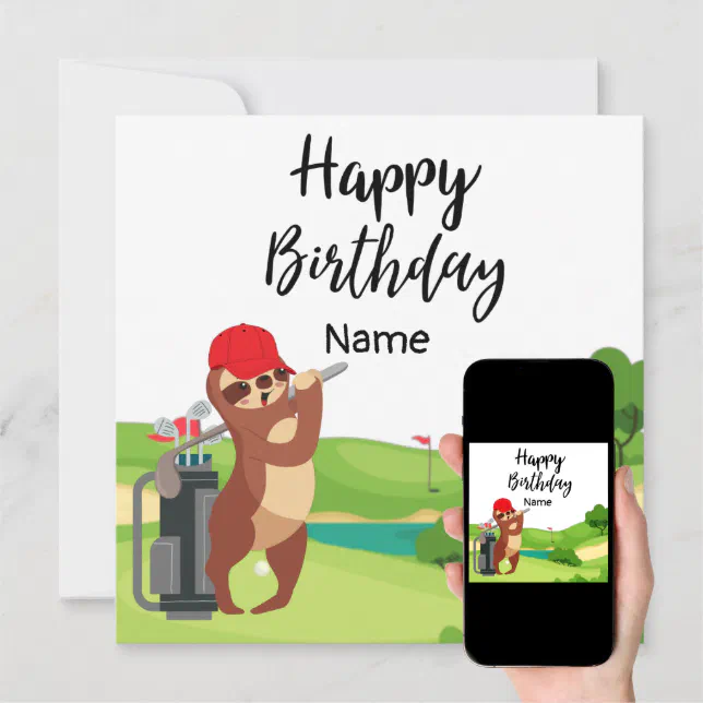 Golfer sloth is golfing on green birthday card | Zazzle