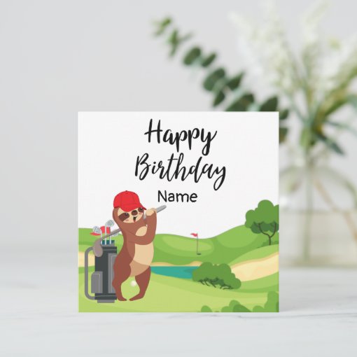 Golfer sloth is golfing on green birthday card | Zazzle