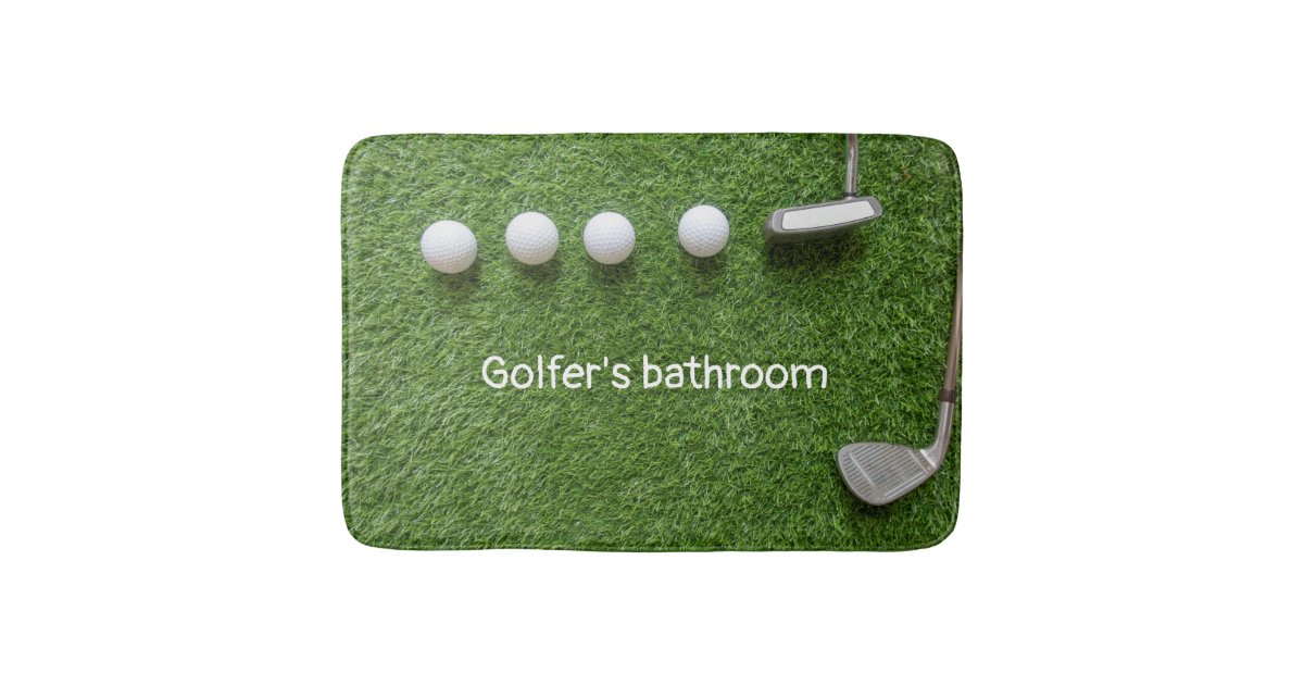 Golfer's bathroom with golf balls and putter bath mat | Zazzle