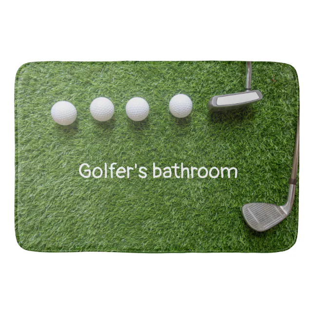 Golfer's bathroom with golf balls and putter bath mat | Zazzle