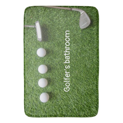 Golfer's bathroom with golf balls and putter bath mat | Zazzle