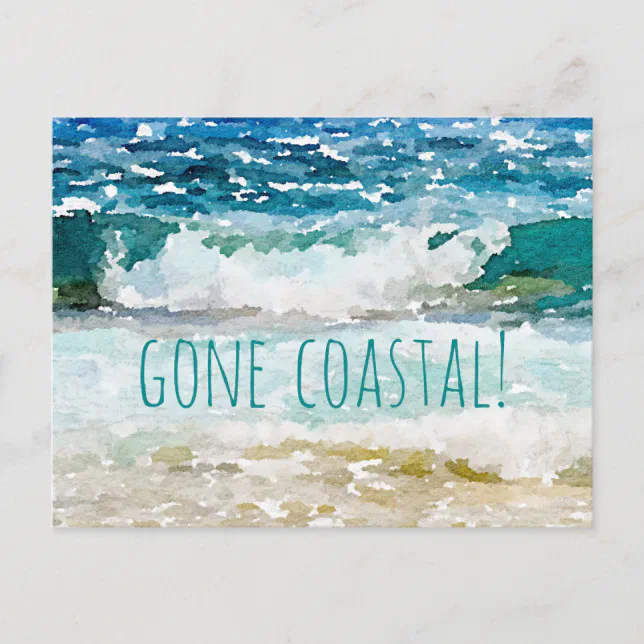 Gone Coastal New Home Wave On Beach Watercolor Announcement Postcard ...