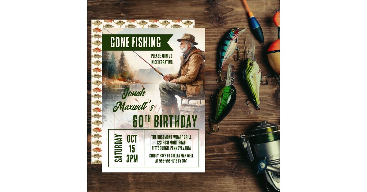 Gone Fishing Fisherman Scene Birthday Party Invitation | Zazzle