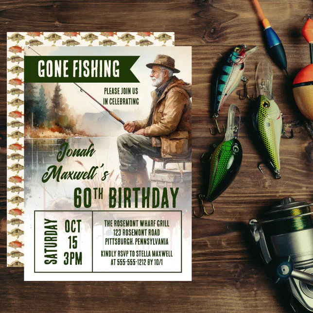 Gone Fishing Fisherman Scene Birthday Party Invitation | Zazzle