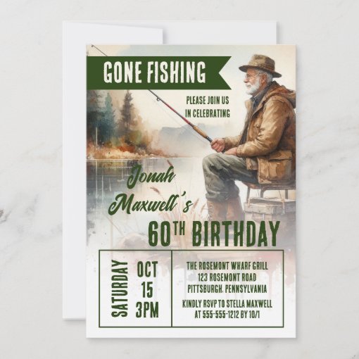 Gone Fishing Fisherman Scene Birthday Party Invitation | Zazzle