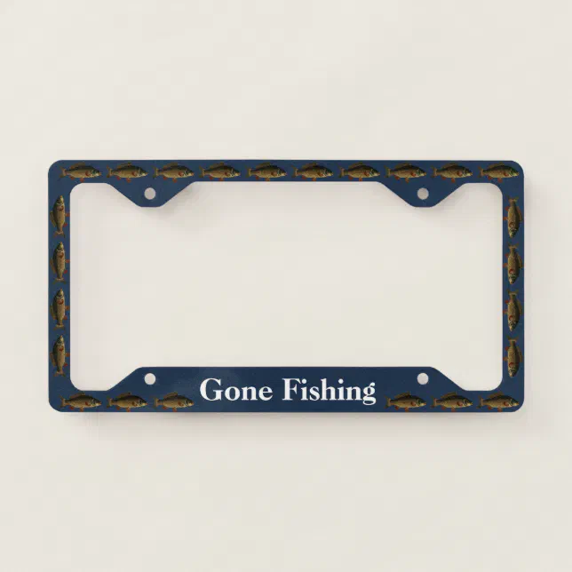 Gone Fishing with Carp Fish on Blue License Plate Frame | Zazzle