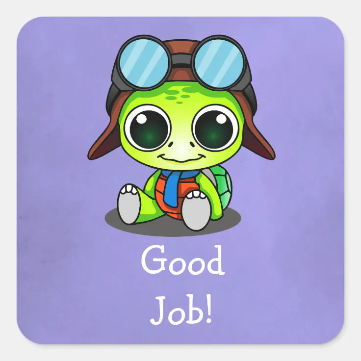 Good Job! Cute Chibi Cartoon Turtle Square Sticker | Zazzle