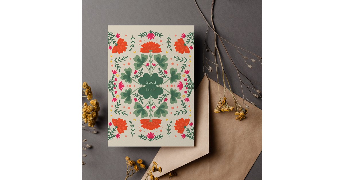 Good luck clovers and flowers card | Zazzle