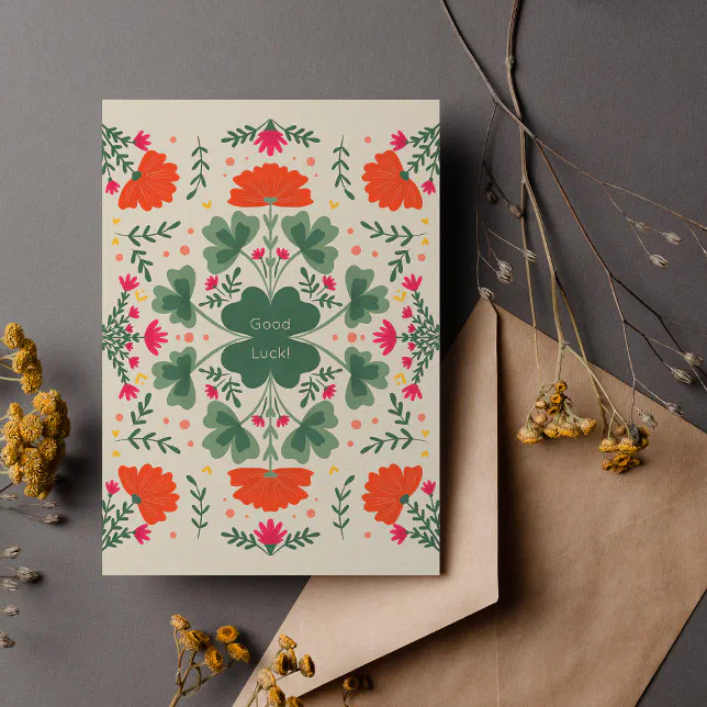 Good luck clovers and flowers card | Zazzle