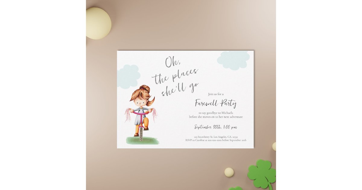Good Luck Girl Riding Bike Farewell Party Invitation | Zazzle