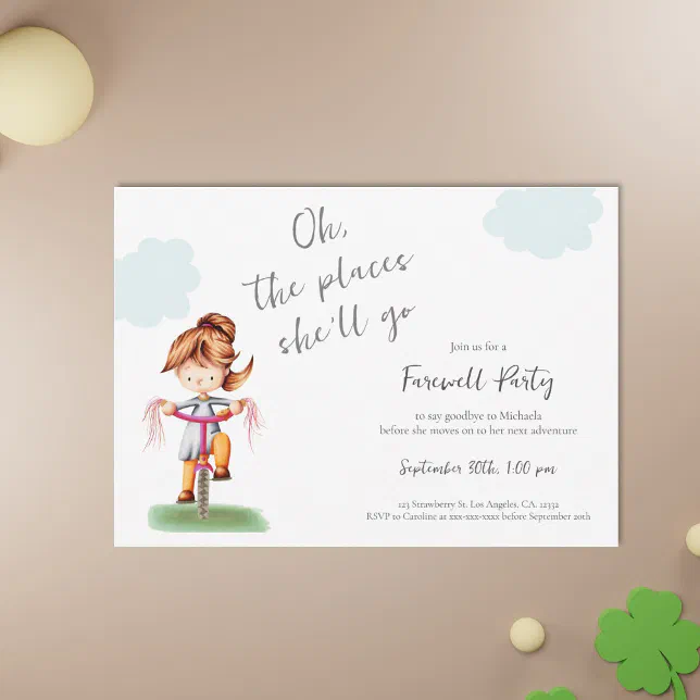 Good Luck Girl Riding Bike Farewell Party Invitation | Zazzle