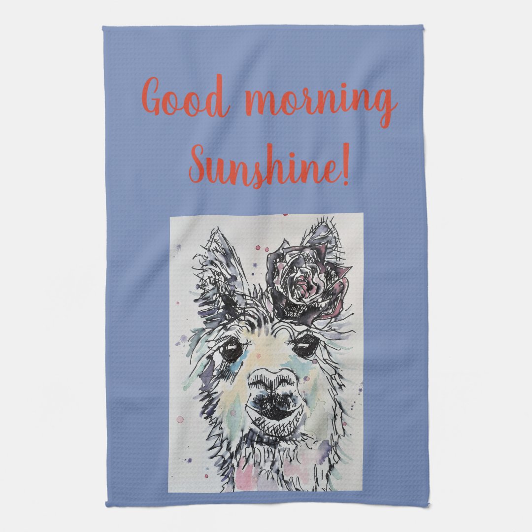 Good Morning Llama Alpaca art Photo Kitchen Towel | Zazzle