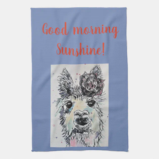 Good Morning Llama Alpaca art Photo Kitchen Towel | Zazzle