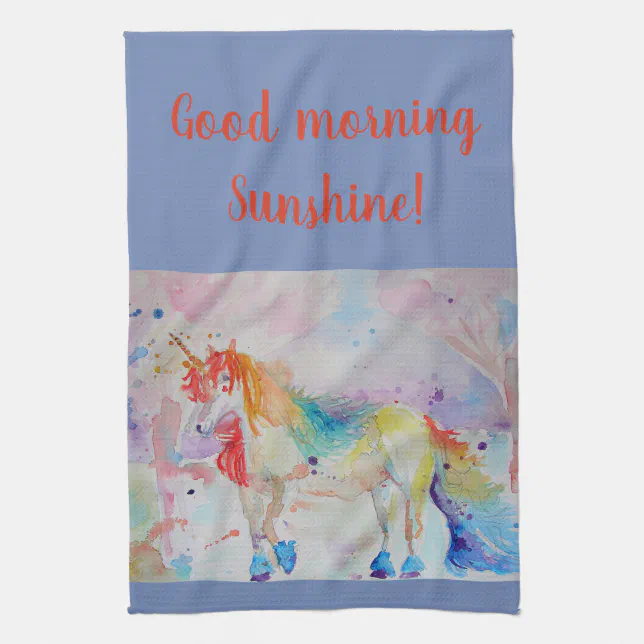 Good Morning Watercolor Unicorn Art Kitchen Towel | Zazzle