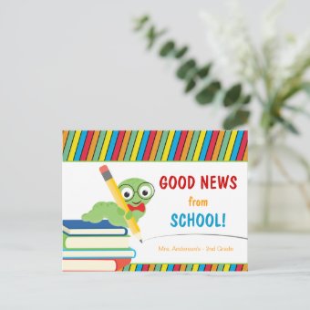 Good News From School with Bookworm Postcard | Zazzle