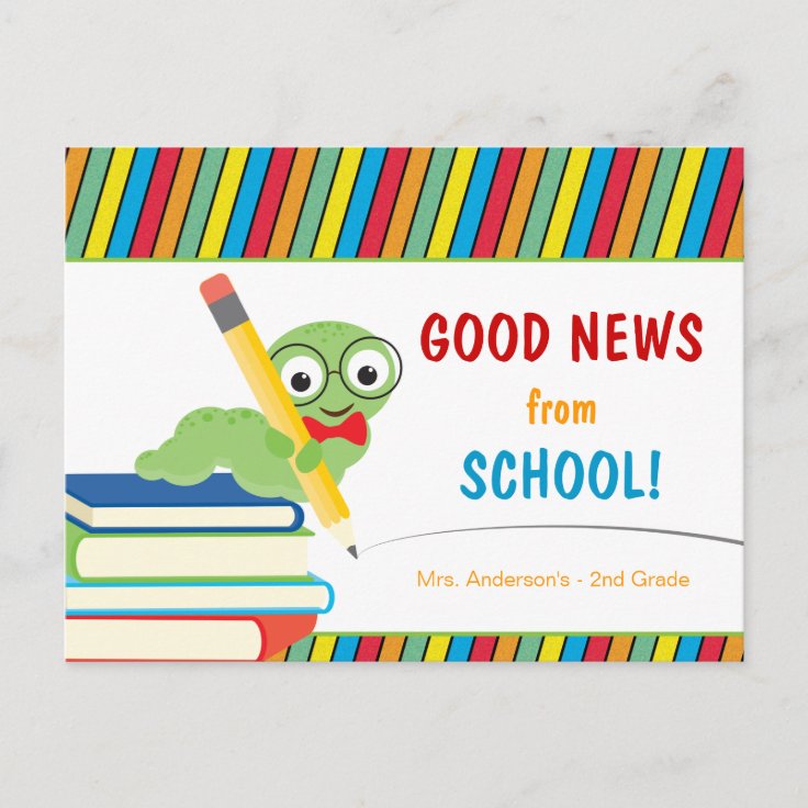 Good News From School with Bookworm Postcard | Zazzle