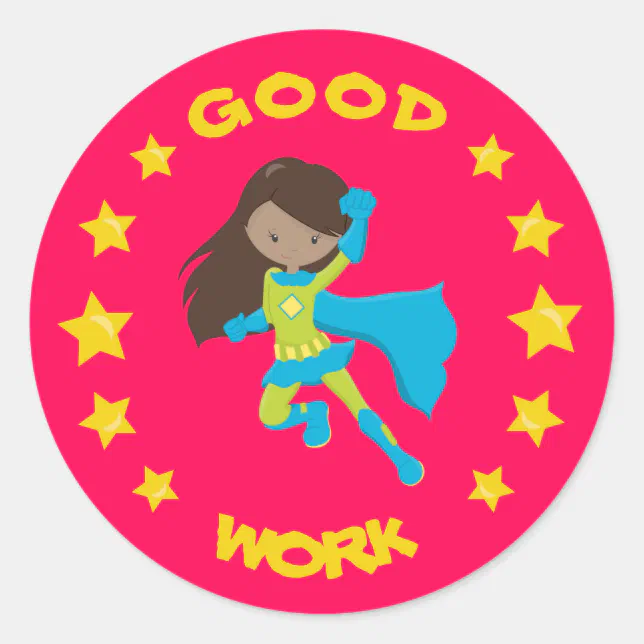 Good Work Super Hero Black Girl School Education Classic Round Sticker ...
