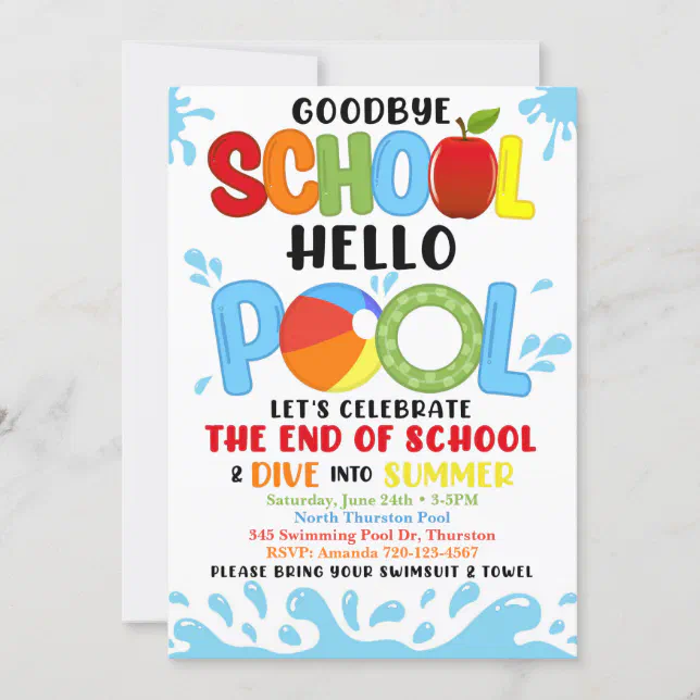 Goodbye School Hello Pool Invitation, End of Year Invitation | Zazzle