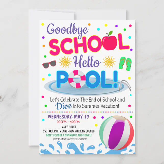 Goodbye School Hello Pool Party Girls Invitation | Zazzle