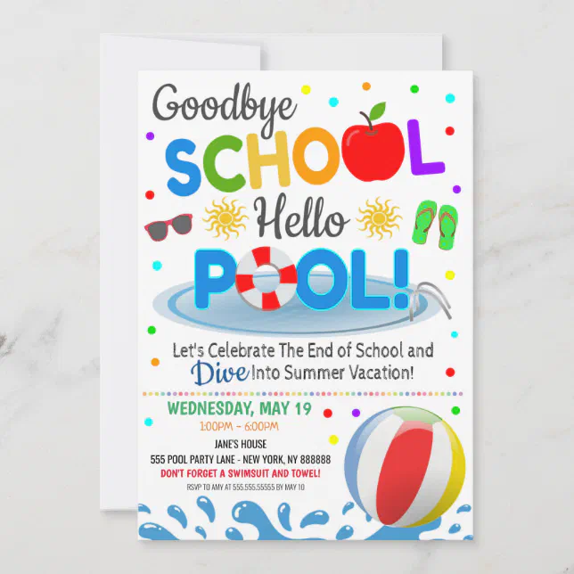 Goodbye School Hello Pool Party Invitation | Zazzle