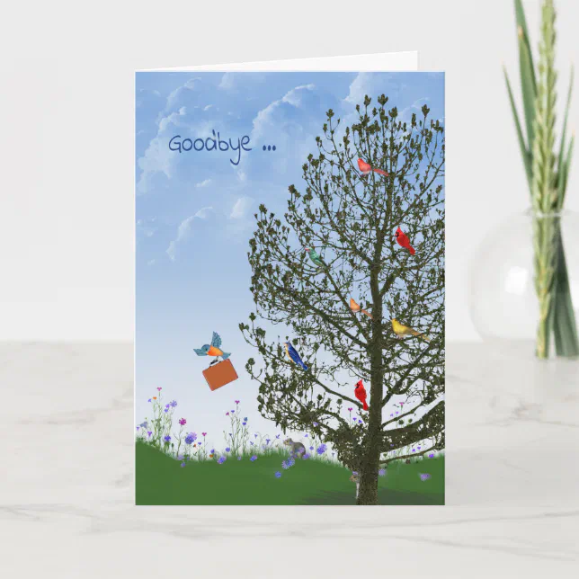 Goodbye with birds in tree card | Zazzle