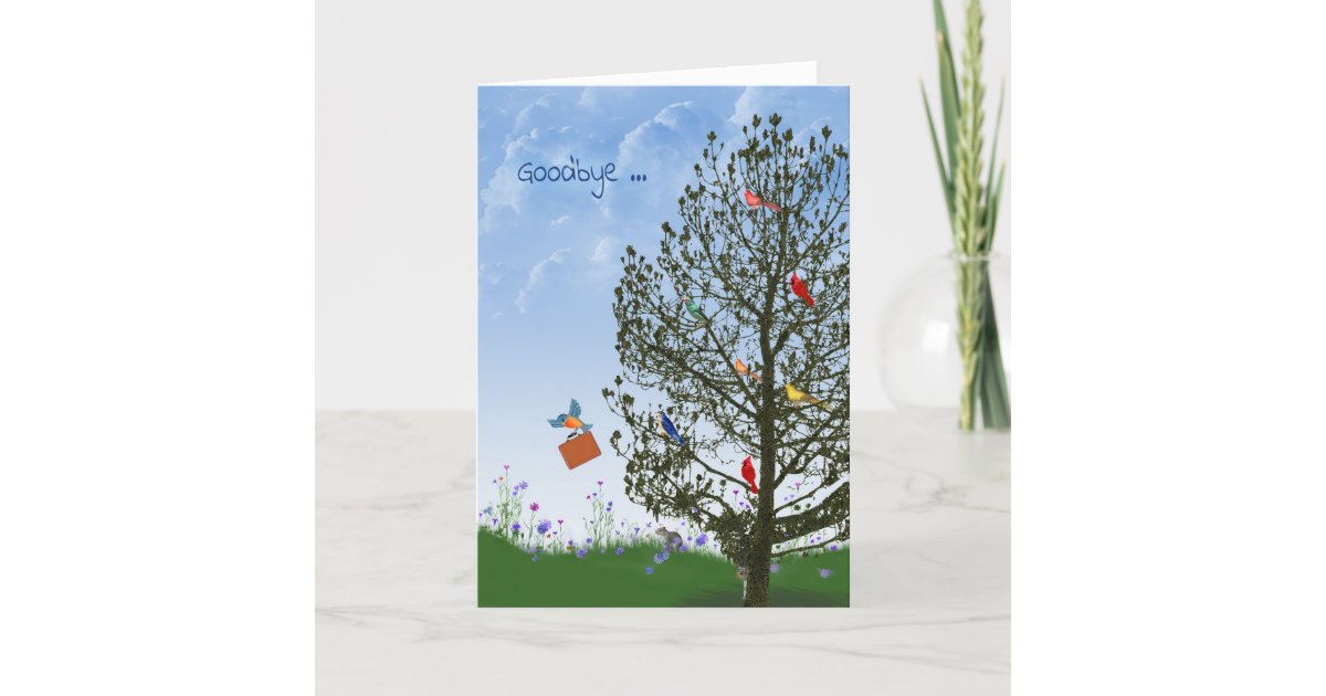 Goodbye with birds in tree card | Zazzle