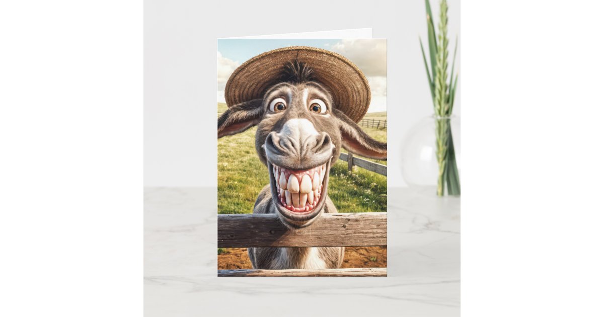 Goofy Birthday Donkey Wearing a Straw Hat Card | Zazzle