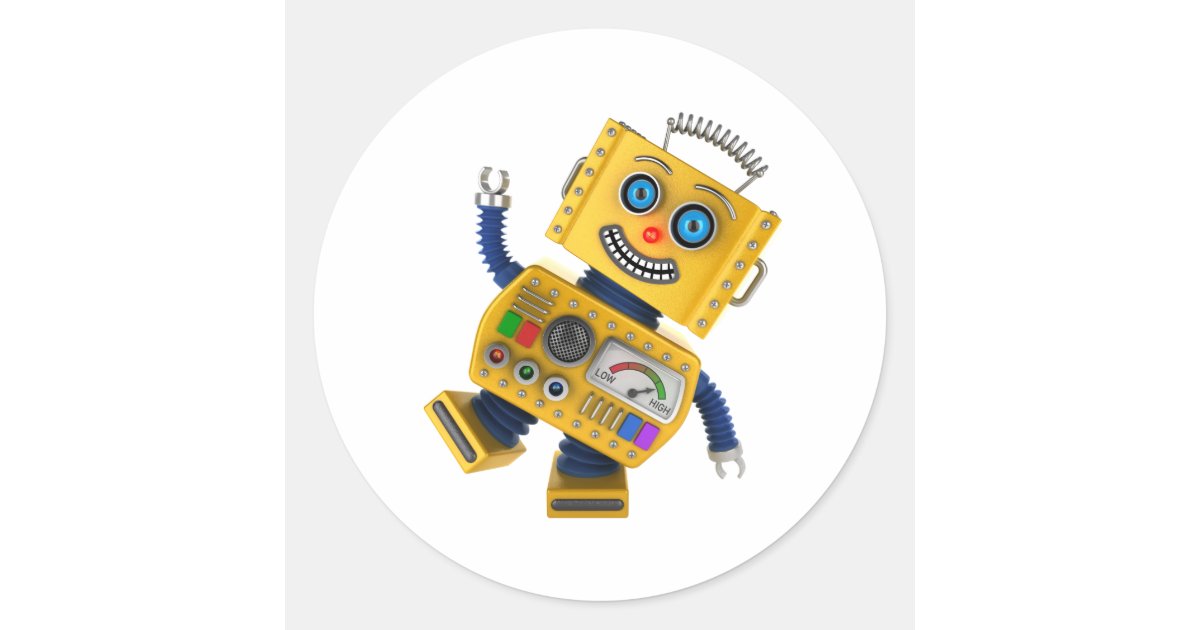 Goofy yellow toy robot classic round sticker | Zazzle