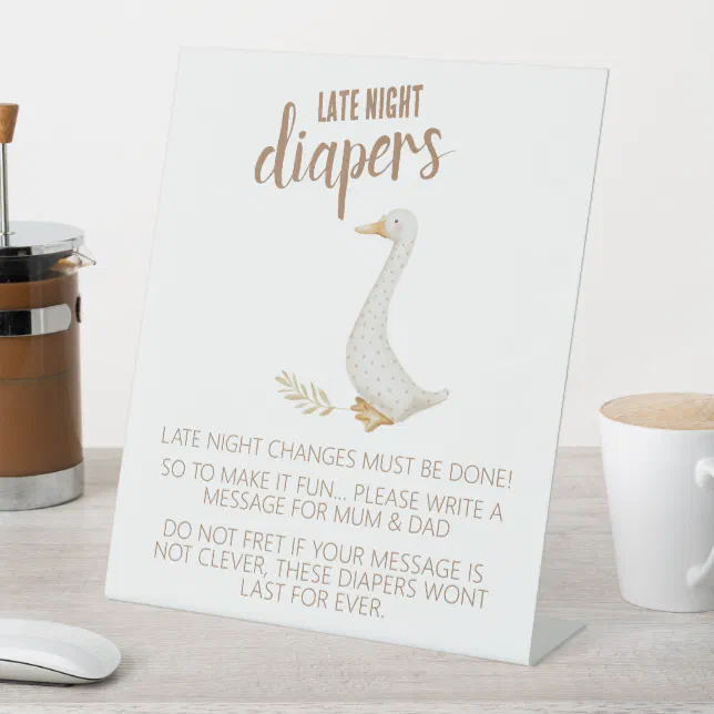 Goose Baby Shower LAte Night Diapers Pedestal Sign | Zazzle