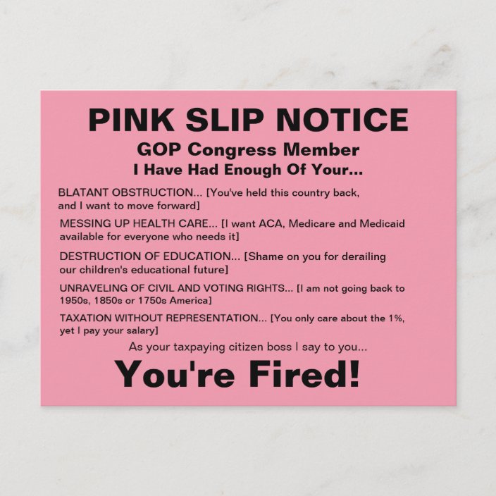 GOP Congress Pink Slip Notice Postcard | Zazzle