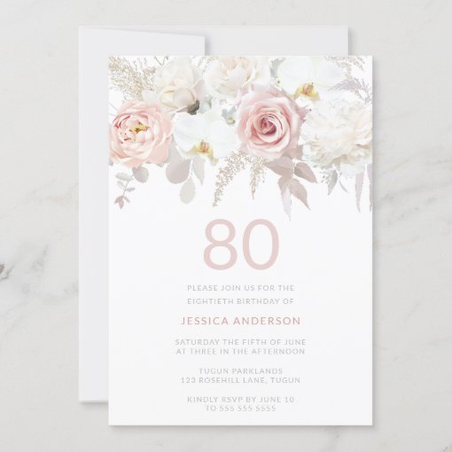 Gorgeous 80th Birthday Party Blush Floral Invitation | Zazzle