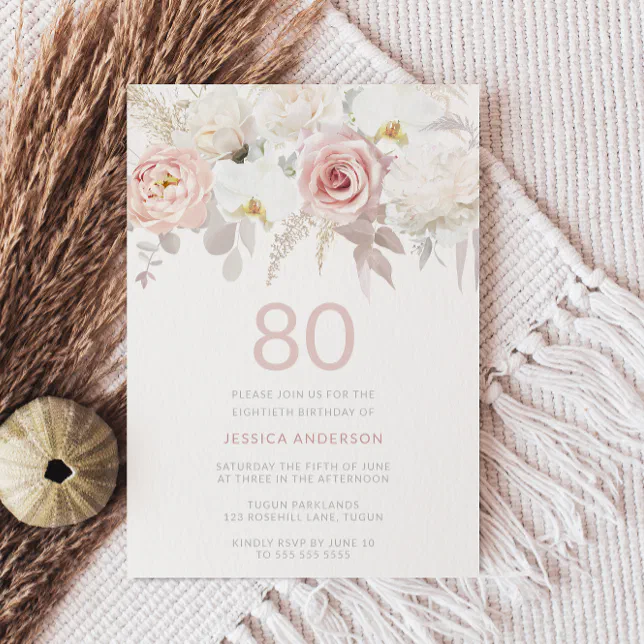 Gorgeous 80th Birthday Party Blush Floral Invitation | Zazzle