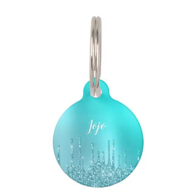 Gorgeous aqua blue mint & turquoise glitter drips pet ID tag | Zazzle