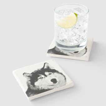 Gorgeous Blk & Wht Siberian Husky Marble Coaster | Zazzle