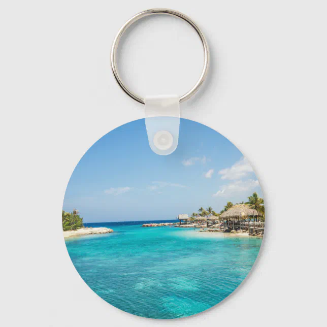 Gorgeous Blue Tropical Beach with Thatched Huts Keychain | Zazzle