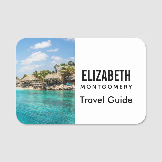 Gorgeous Blue Tropical Beach with Thatched Huts Name Tag | Zazzle