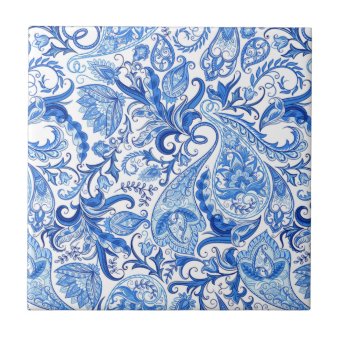 Gorgeous Blue White Floral Paisley Pattern Ceramic Tile | Zazzle