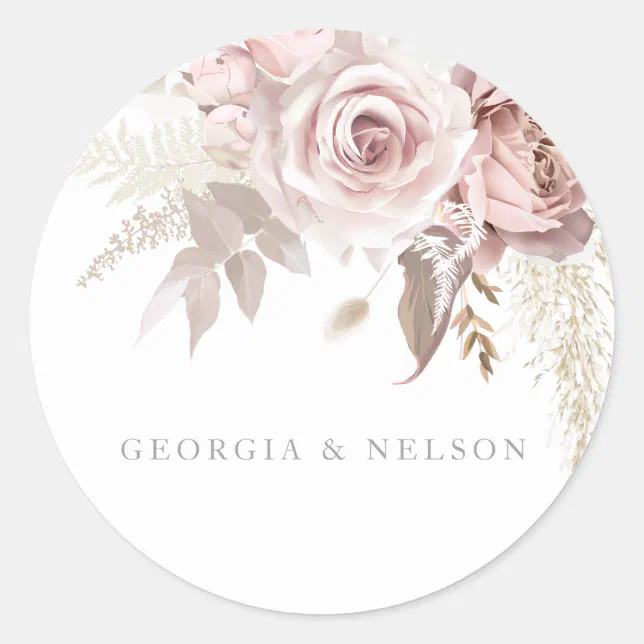 Gorgeous Blush Floral Wedding Classic Round Sticker | Zazzle