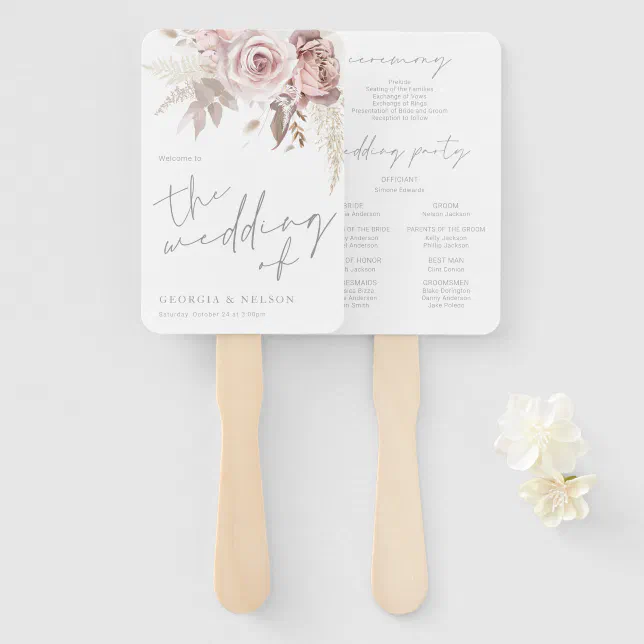 Gorgeous Blush Floral Wedding Program Hand Fan | Zazzle