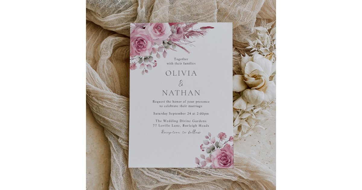 Gorgeous Blush Pink Boho Foral Wedding Invitation | Zazzle