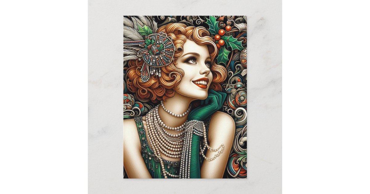 Gorgeous Christmas Flapper Woman Green Dress Postcard | Zazzle