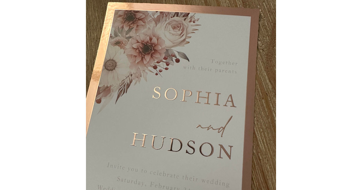 Gorgeous Divine Blush Wedding Rose Gold Border Foil Invitation | Zazzle