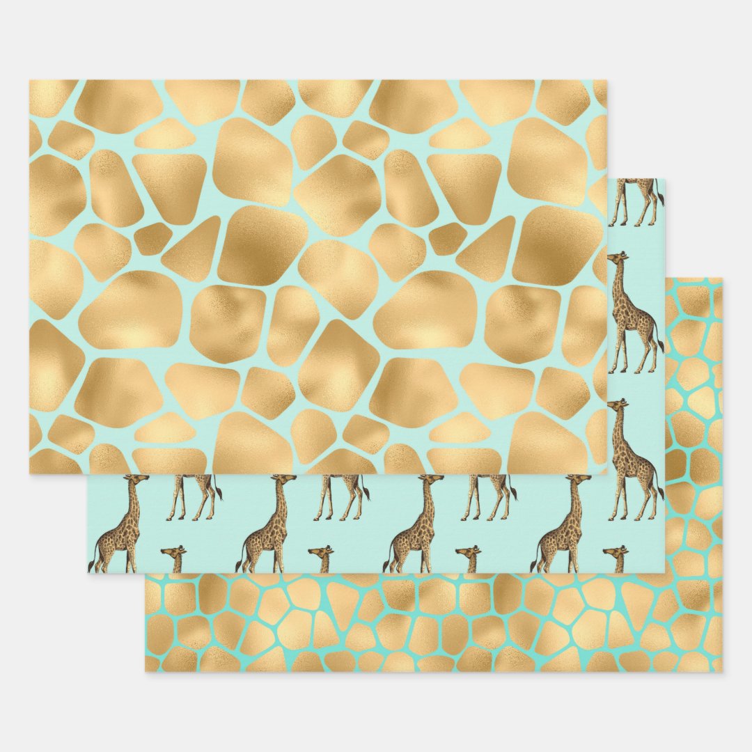 Gorgeous Giraffe Print Mint and Gold Wrapping Paper Sheets | Zazzle