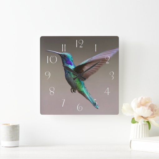 Gorgeous hummingbird in flight square wall clock | Zazzle