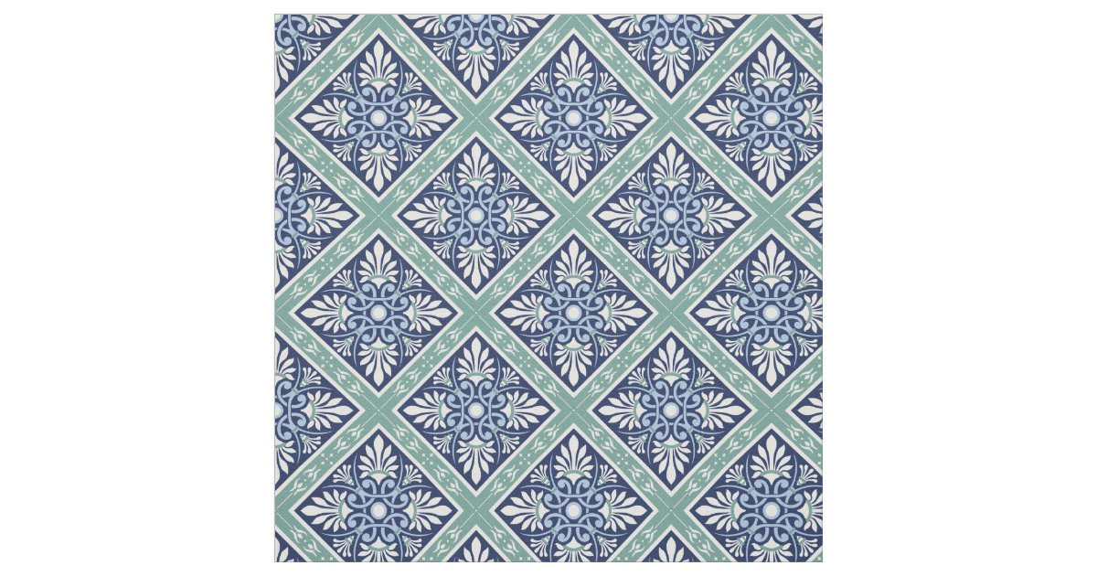 Gorgeous Moroccan Abstract - Blue, White, Green Fabric | Zazzle