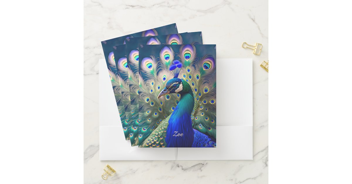 Gorgeous peacock with teal and gold plumage pocket folder | Zazzle