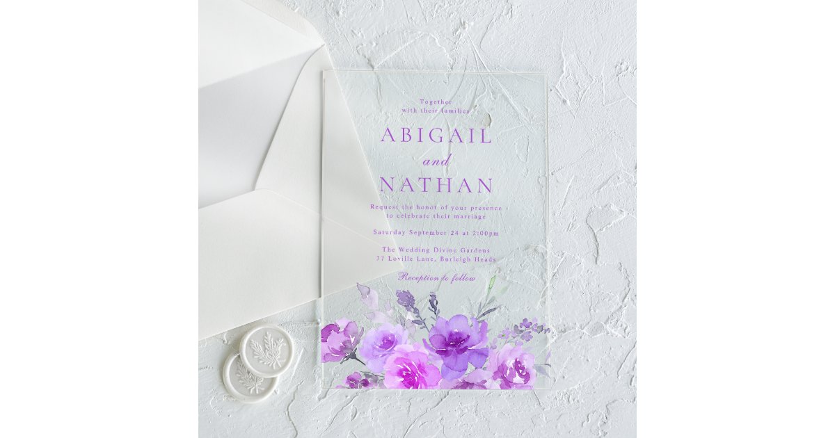 Gorgeous Purple Lavender Floral Wedding Acrylic Invitations | Zazzle