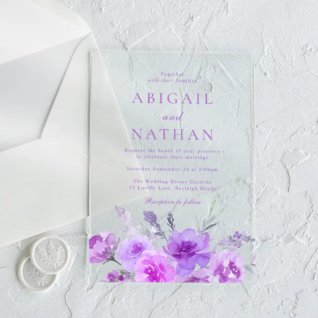 Gorgeous Purple Lavender Floral Wedding Acrylic Invitations | Zazzle