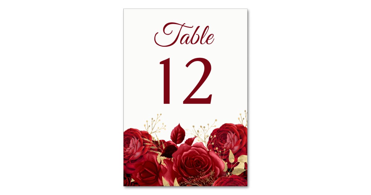 Gorgeous Red Roses & Gold Wedding or Quinceanera Table Number | Zazzle